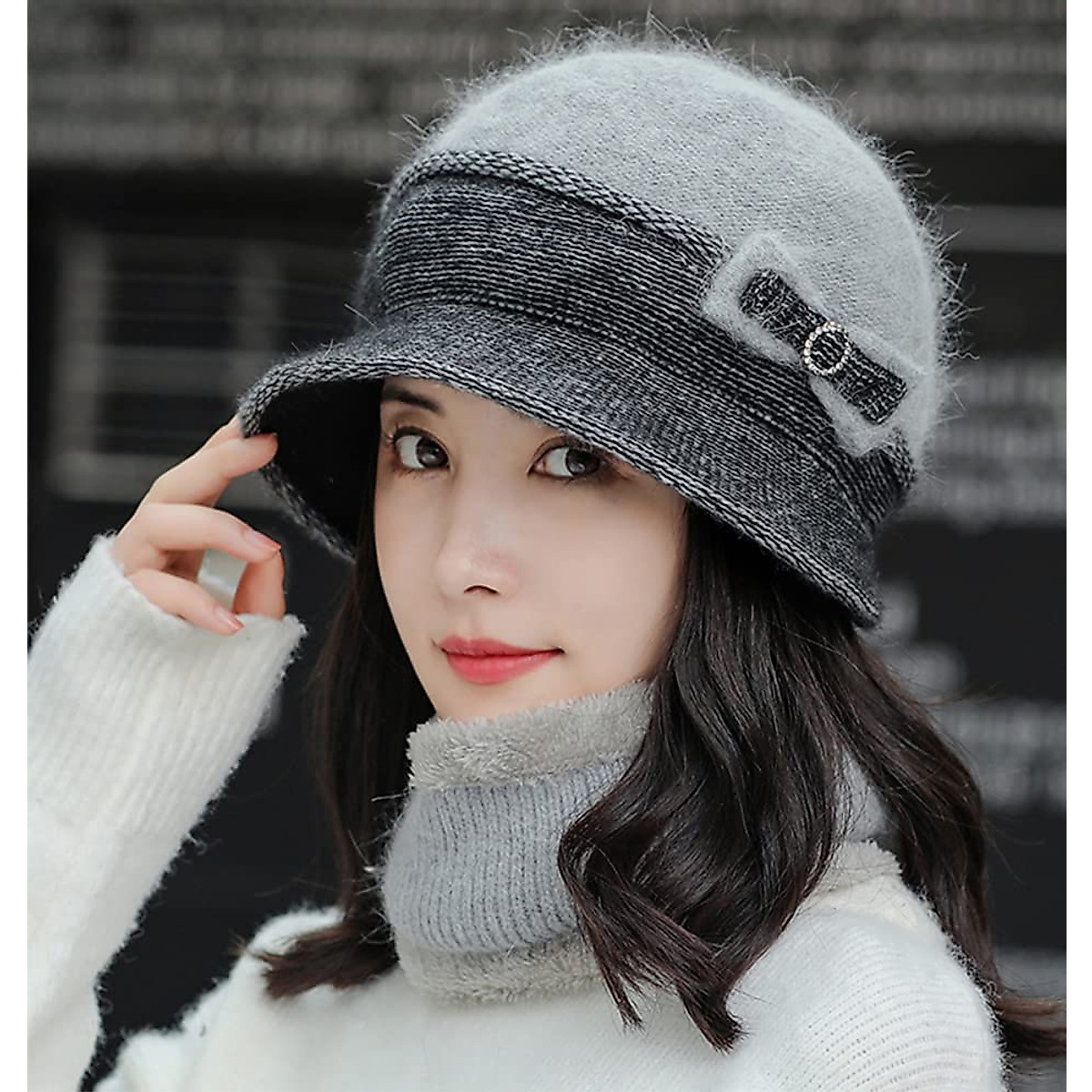 Hat and Scarf for Women, Women's Hat Scarf Set Warm Beanie Knitted Wool Hat Outdoor Cold Proof Scarf Hat Winter Hat Women A Black
