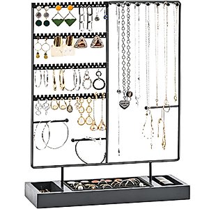 ProCase Jewelry Organizer Stand Earring Holder Organizer, 6 Tiers Earring Organizer Tree Necklace Rack Jewellery Tower Bracelets Holder Storage with Removable Wooden Ring Tray for Women Girls -Grey