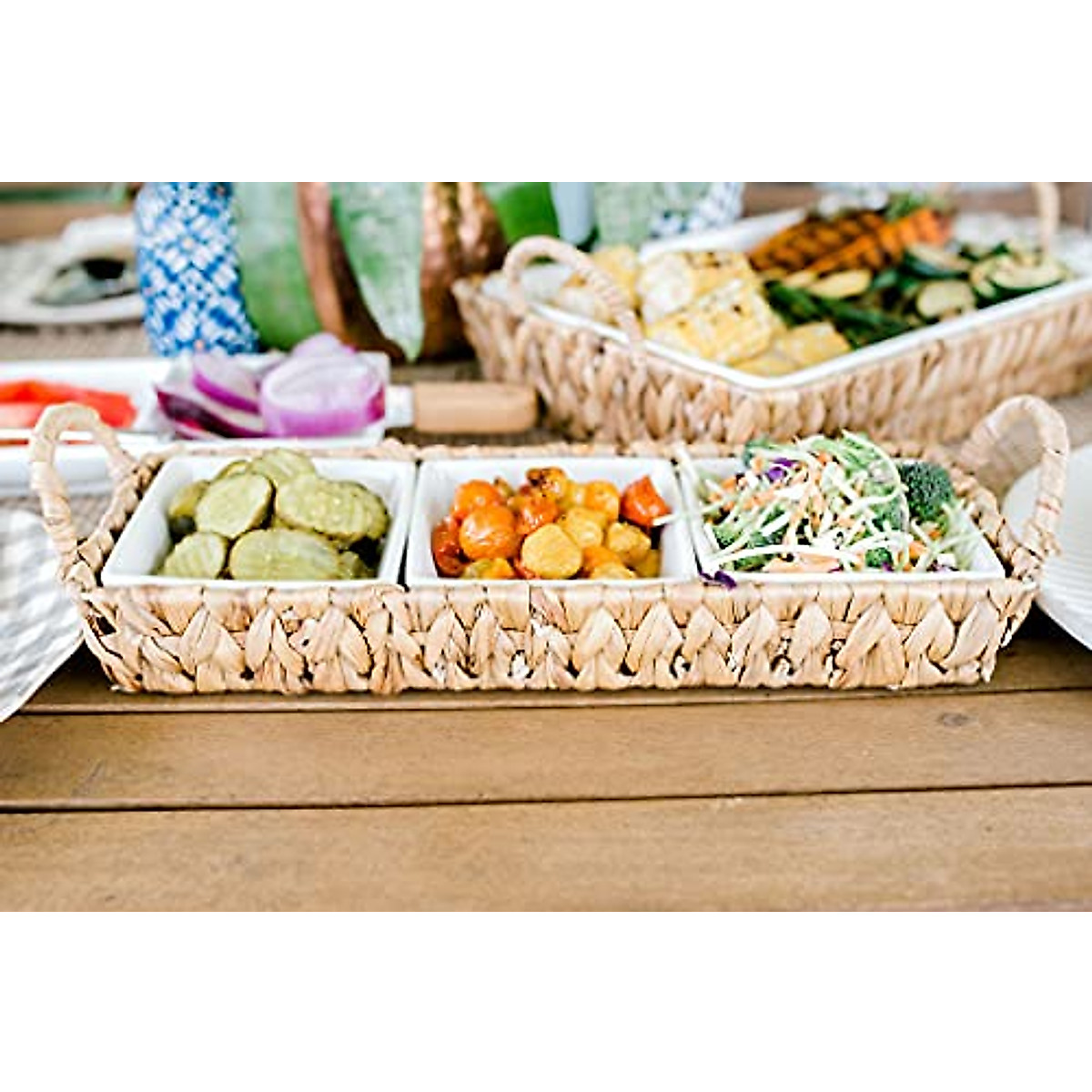 Mud Pie Water Hyacinth Section Server, 5" x 16 1/4", White, Brown