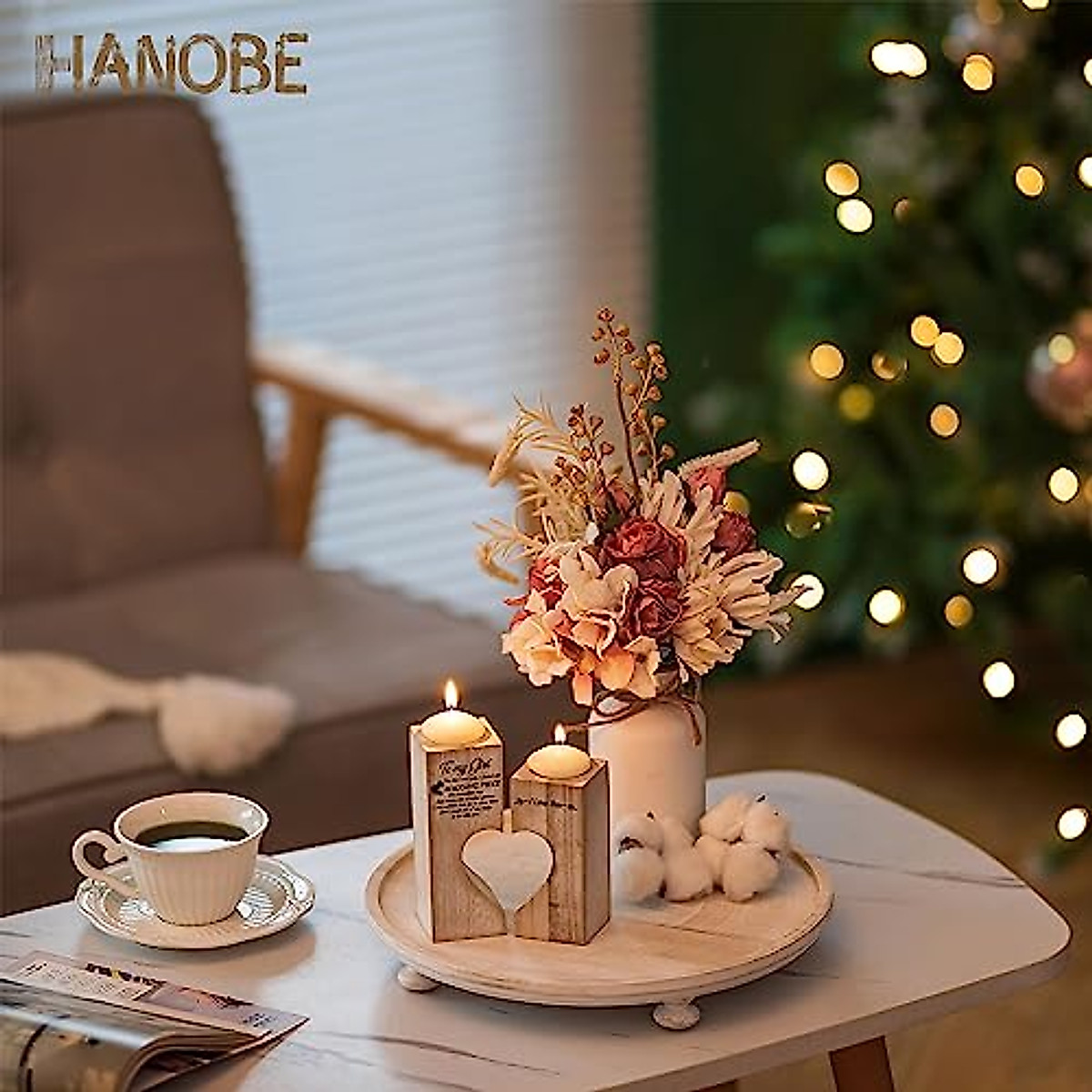 Hanobe Wood Risers for Decor: Rustic Round Wooden Pedestal Stand Tray for Display Farmhouse Table Decorative Risers for Dessert Candle Cake Plant, White 11"