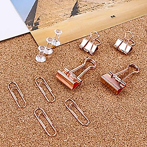 Push Pins Binder Clips Paperclips Sets for Office, School and Home Supplies, Desk Organized, 72 Pcs Assorted Sizes (Rose Gold)