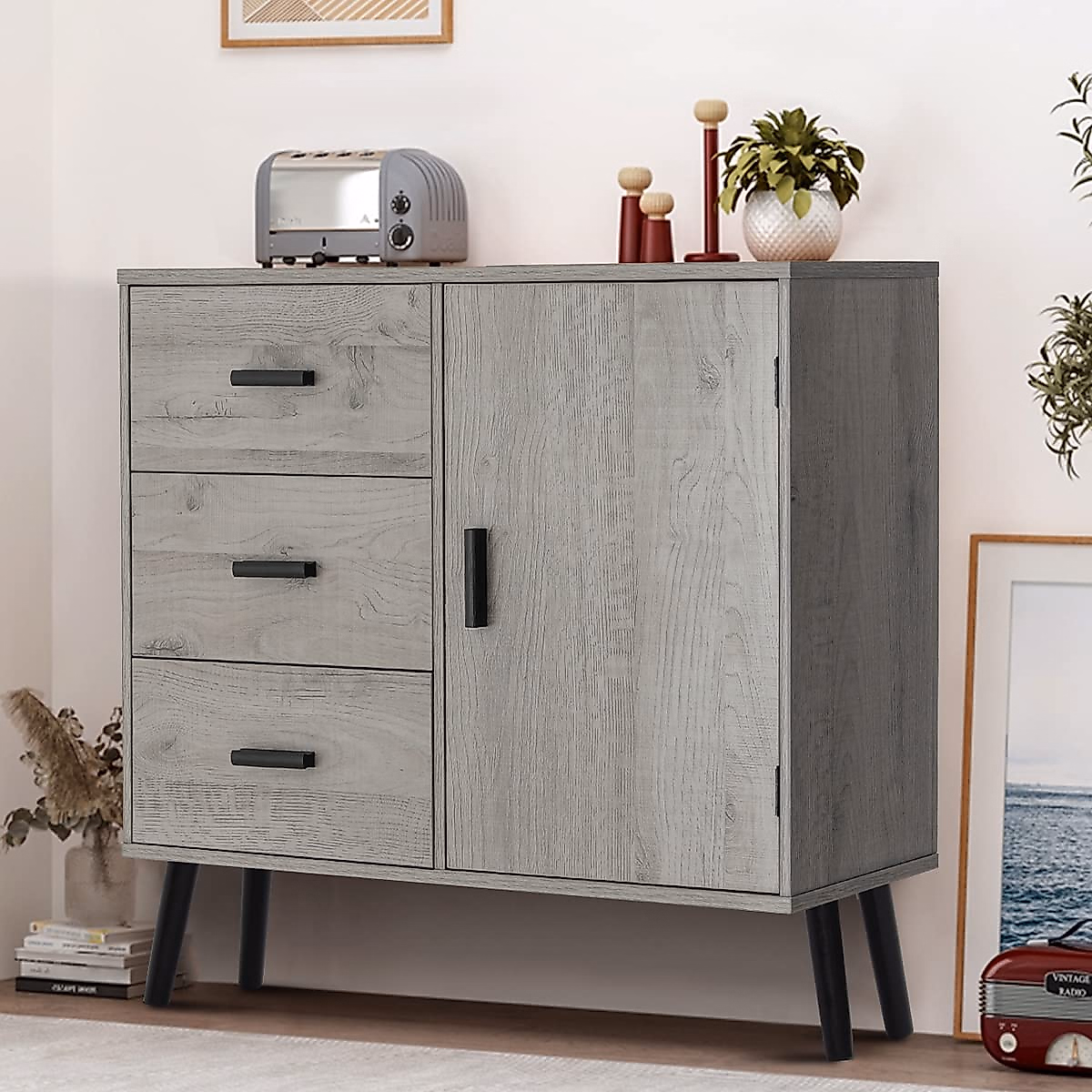 Iwell Storage Cabinet with Drawers & Shelf, Floor Storage Cabinet with Double Door, Sideboard, Cupboard for Living Room, Home Office