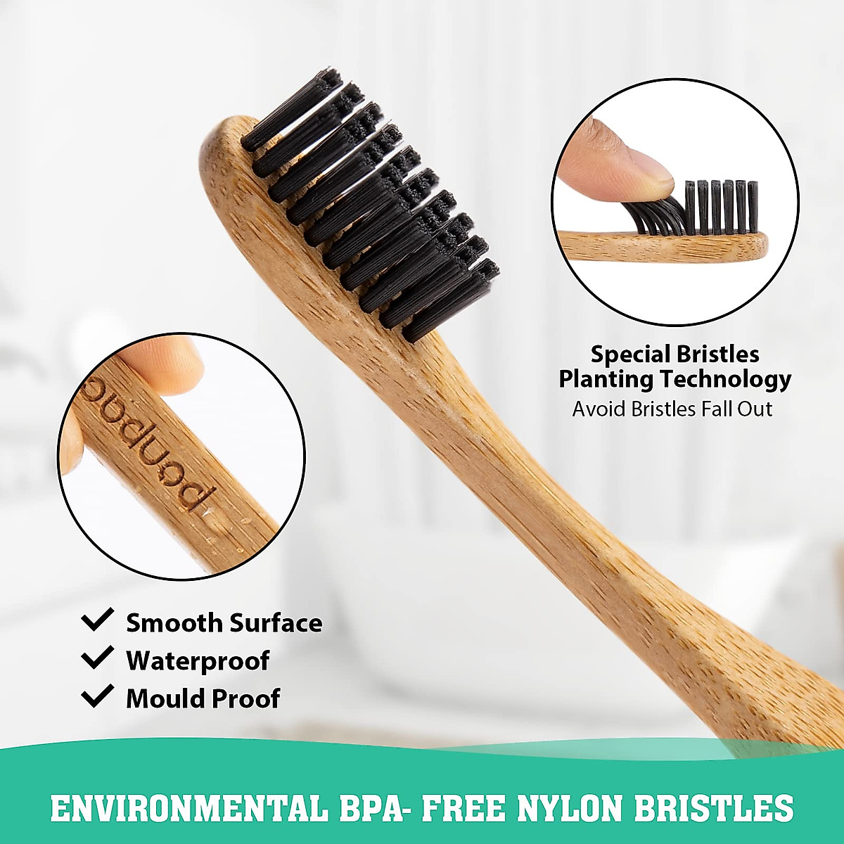 ponpace Biodegradable Bamboo Toothbrushes 4 Pack, BPA Free Soft & Medium Bristles Toothbrushes for Adults, Eco Friendly Wooden Toothbrush