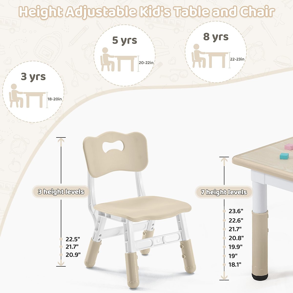 SwemDec Kids Table and 2 Chairs Set, Toddler Table and Chair Set with Graffiti Tabletop, Children Multi-Activity Table for Ages 3-8, Height-Adjustable Kids Study Table for Classroom/Daycare/Home