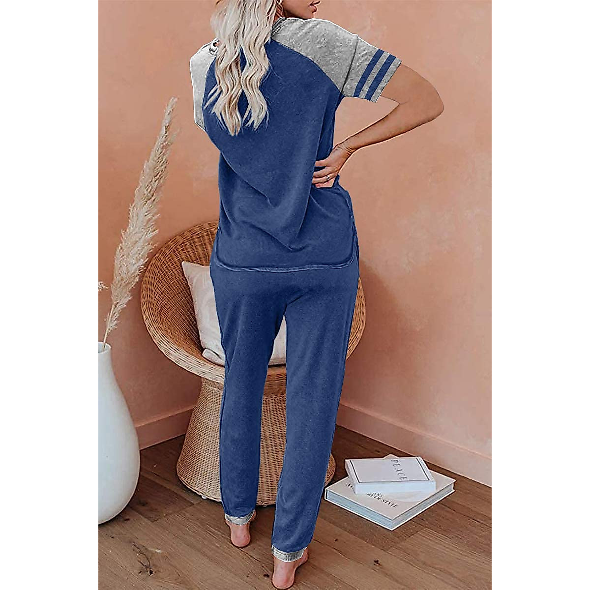 AUTOMET Lounge Sets For Women Two Piece Outfits Loungewear Short Sleeve Crewneck Jogger Pajama Set Sweatpants Tracksuit Blue M