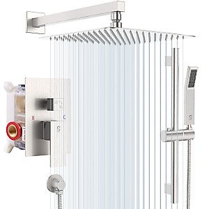 SR SUN RISE 12 Inch Square Shower System, Rain Shower Head and Slide Bar Handheld Shower Faucet Wall Mounted Combo Set Included Valve and Trim Kit for Bathroom, Brushed Nickel