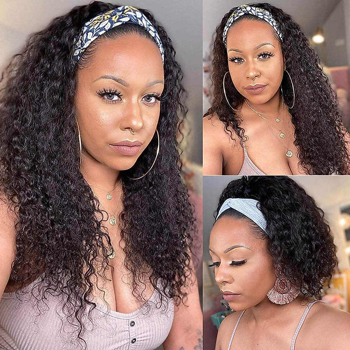 Headband Wigs Deep Wave for Black Women 150% Density Brazilian Virgin Human Hair None Lace Front Wigs Machine Made Wigs Glueless Headband Curly Human Hair Wig 18 Inch