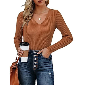 ONLYSHE Women's Long Sleeve Knit Shirts Fall V Neck Pullover Basic Tops Slim Fitted Ribbed Sweaters Fashion Clothes,Caramel L