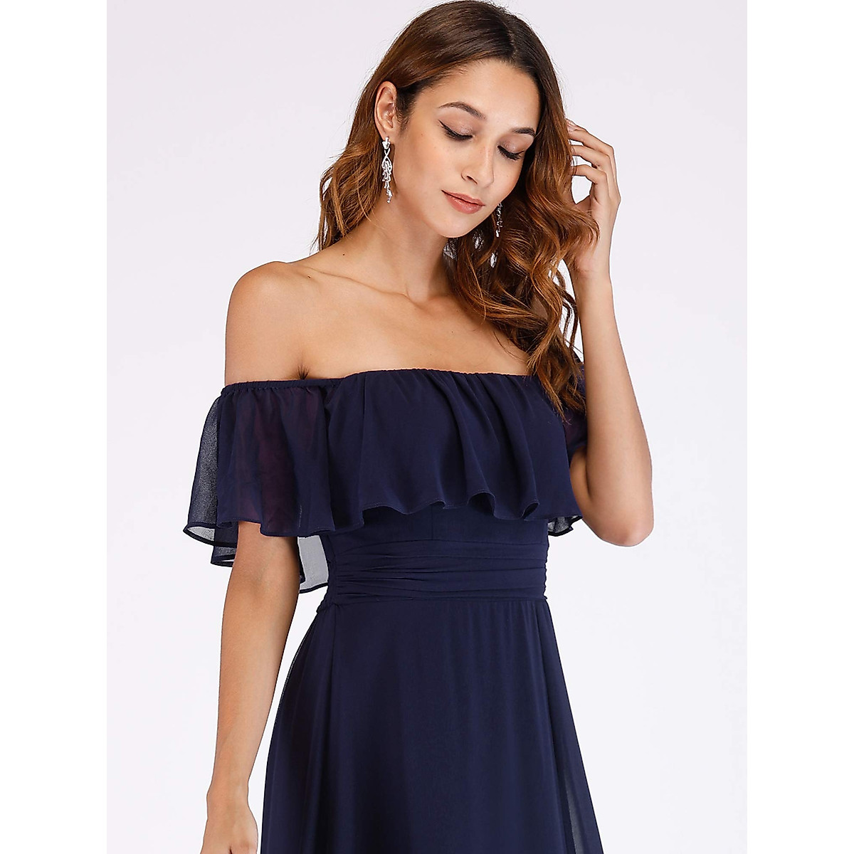 Ever-Pretty Women's Elegant Off The Shoulder Side Split High Waist Flowy Chiffon Maxi Bridesmaid Dress Navy US12