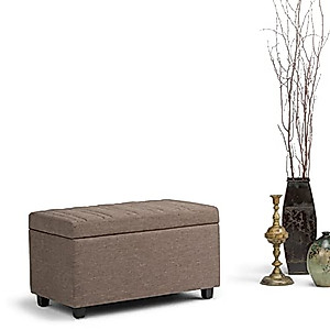 SIMPLIHOME Darcy 33 Inch Wide Contemporary Rectangle Storage Ottoman Bench in Fawn Brown Linen Look Fabric, For the Living Room, Entryway and Family Room