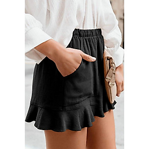 HUUSA Beach Shorts Women Casual Loose Fashion Ruffle Elastic Waist Mid Rise Workout Running Black Short with Pockets XL