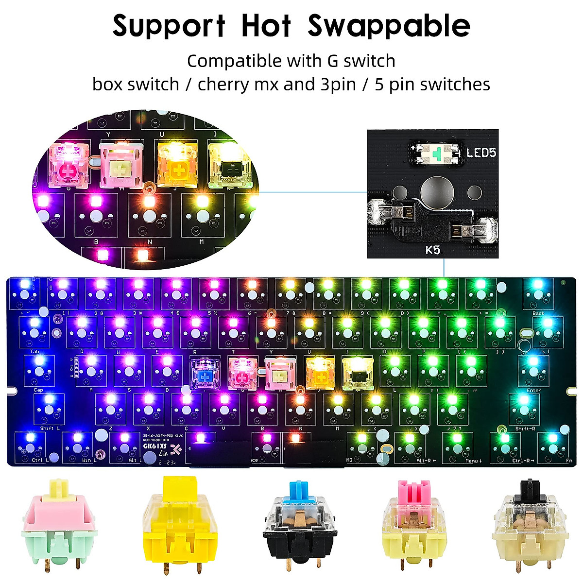 Guffercty kred GK61X PCB Plate Case 60% Keyboard Custom Hot Swappable RGB Keyboard DIY Kit Wired Tyce-C for 3/5 Pin Switch (GK61X White)