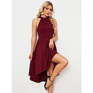 Ever-Pretty Women's Halter Neck Pleated Sleeveless High Low A-Line Midi Cocktail Dresses Burgundy S