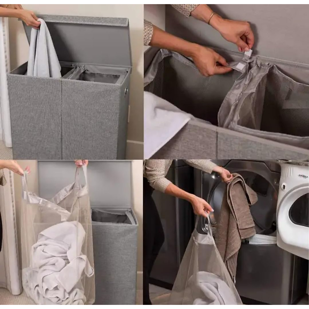 Double Laundry Hamper with Removable Lid and Two Removable Mesh Bags with Sturdy Construction in Elegant Gray Linen