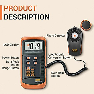 Dr.meter LX1330B Digital Illuminance Light Meter, 0-200,000 Measurement Range Lux Meter