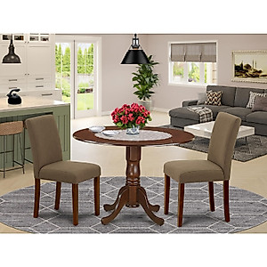 HomeStock Urban Oasis 3Pc Round 42" Dining Room Table with Two 9-Inch Drop Leaves and 2 Parson Chair with Mahogany Leg and Linen Fabric Coffee