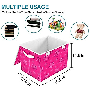 CaTaKu Roses Hot Pink Storage Bins with Lids Fabric Large Storage Container Cube Basket with Handle Decorative Storage Boxes for Organizing Clothes Shelves