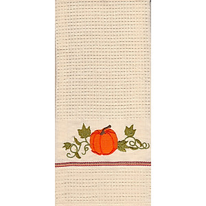 Fall Kitchen Towels Set of 3, Waffle Style with Embroidered Autumn Leaves and Pumpkins, Burgundy, Cream, and Brown Dishtowels with Hanging Loops, 16 x 26 Inches, Cotton Construction