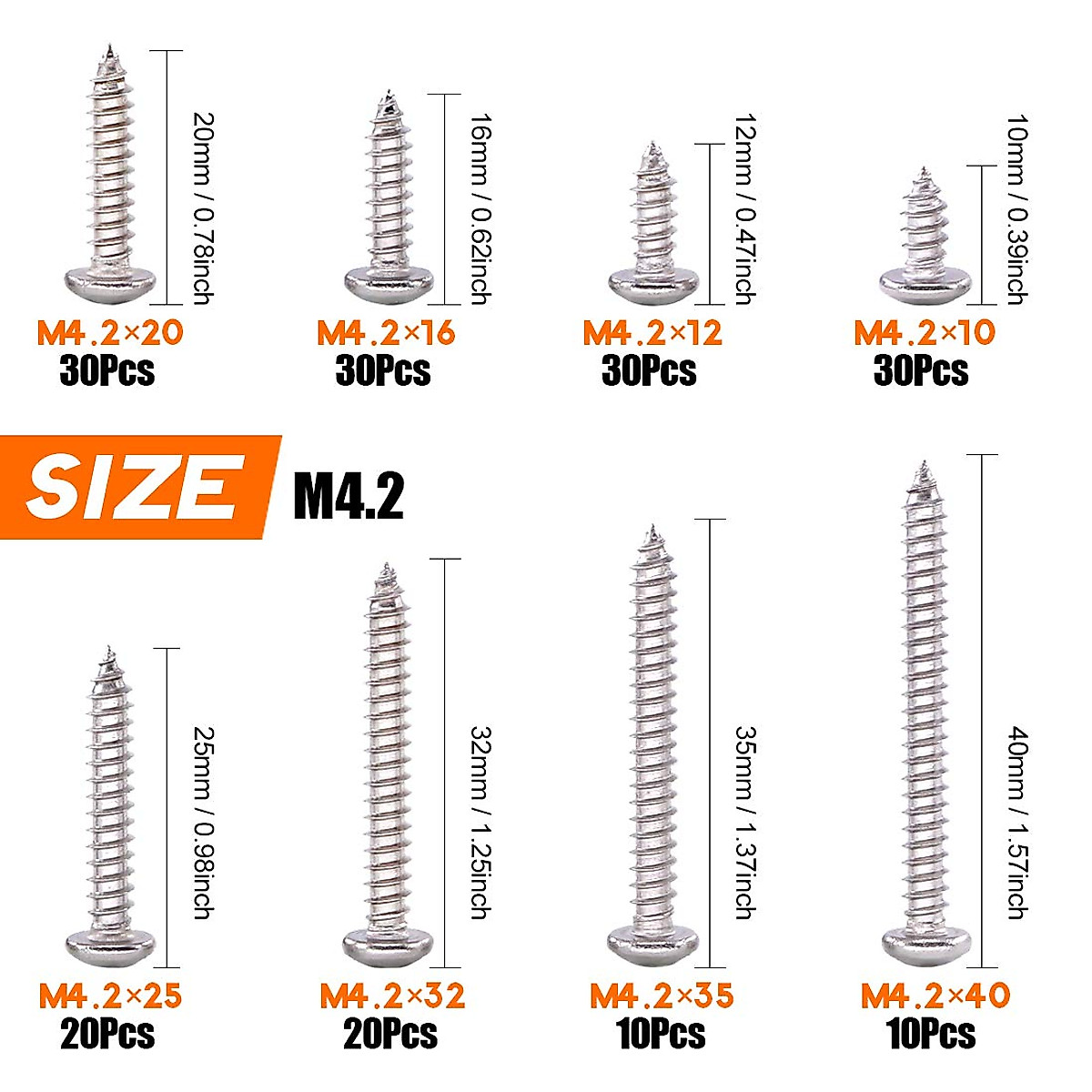 Rustark 180-Pcs [#8 3/8" to 1-1/2"] 304 Stainless Steel Round Pan Head Phillips Cross Wood Screws Self Tapping Drilling Screws Assortment Kit