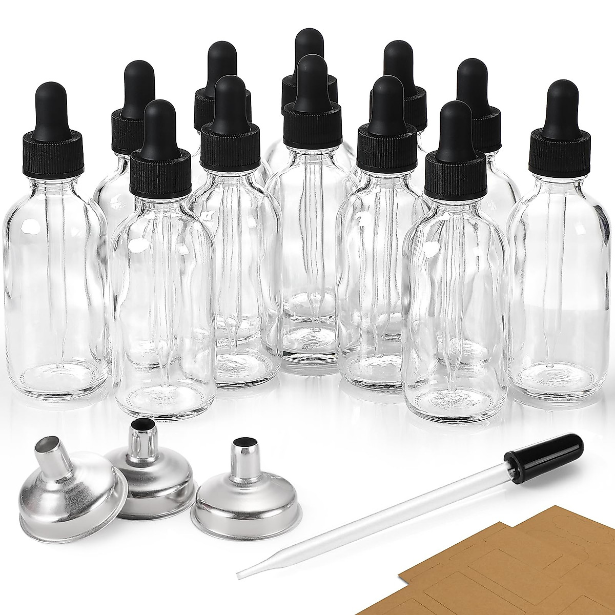 12 Pack, 2 oz Glass Eye Dropper Bottles w/ 3 Stainless Steel Funnels & 1 Long Pipette Dropper & 24 Labels - 60ml Clear Tincture Bottles for Essential Oils, Liquids - Leakproof Travel Essential Bottles