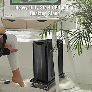 Metal Computer Tower Stand, Heavy Duty Mobile CPU Stand, CPU Holder Cart Under Desk, Width Adjustable Desktop Stand with Rolling Caster Wheels, PC Tower Stand Holder Fits Most Gaming PC Case - Black