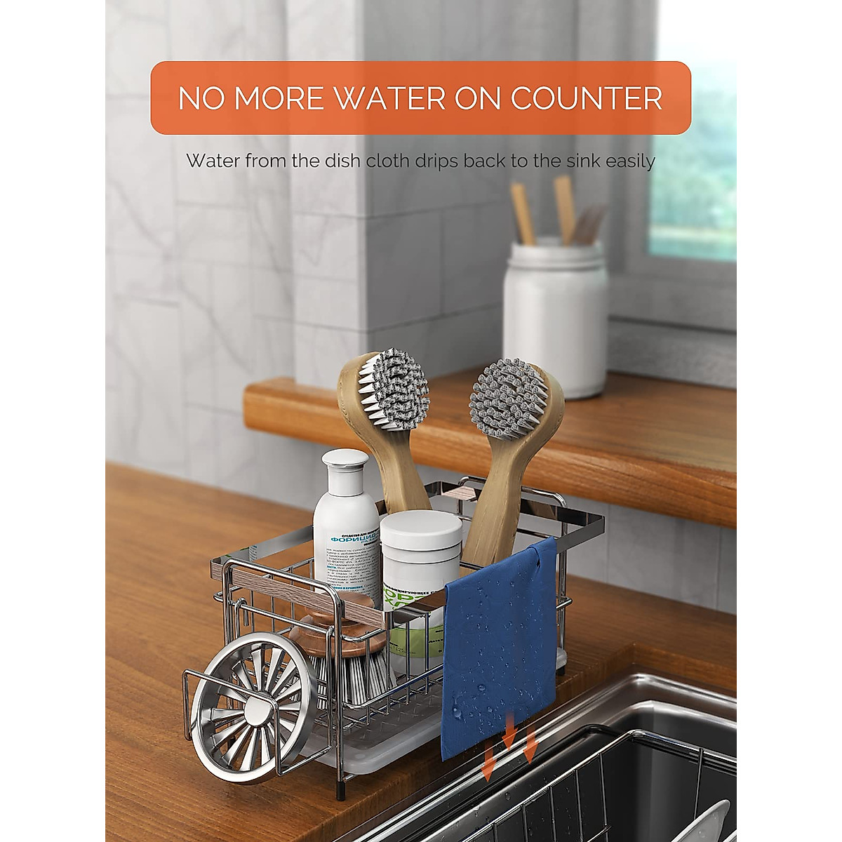 FavoThings Multifunctional Sponge Holder Kitchen Sink Caddy SUS304 Stainless Steel Kitchen Sink Accessories with Removable Drain Tray for Sponge, Dish Brush, Soap, Scrubber, Dishcloth, Silver