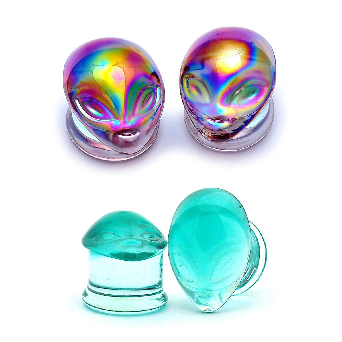 Mystic Metals Body Jewelry Set of 2 Pairs Alien Glass Plugs (Green and Iridescent Purple) - Sold as a Pair (00g (10mm))