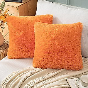 EMEMA Orange Fall Faux Fur Throw Pillow Covers 18x18 Inch Set of 2 Fluffy Pillowcase Fuzzy Fleece Decorative Square Cute Home Decor Luxury Soft Mongolian for Couch Sofa Bed Livingroom Halloween