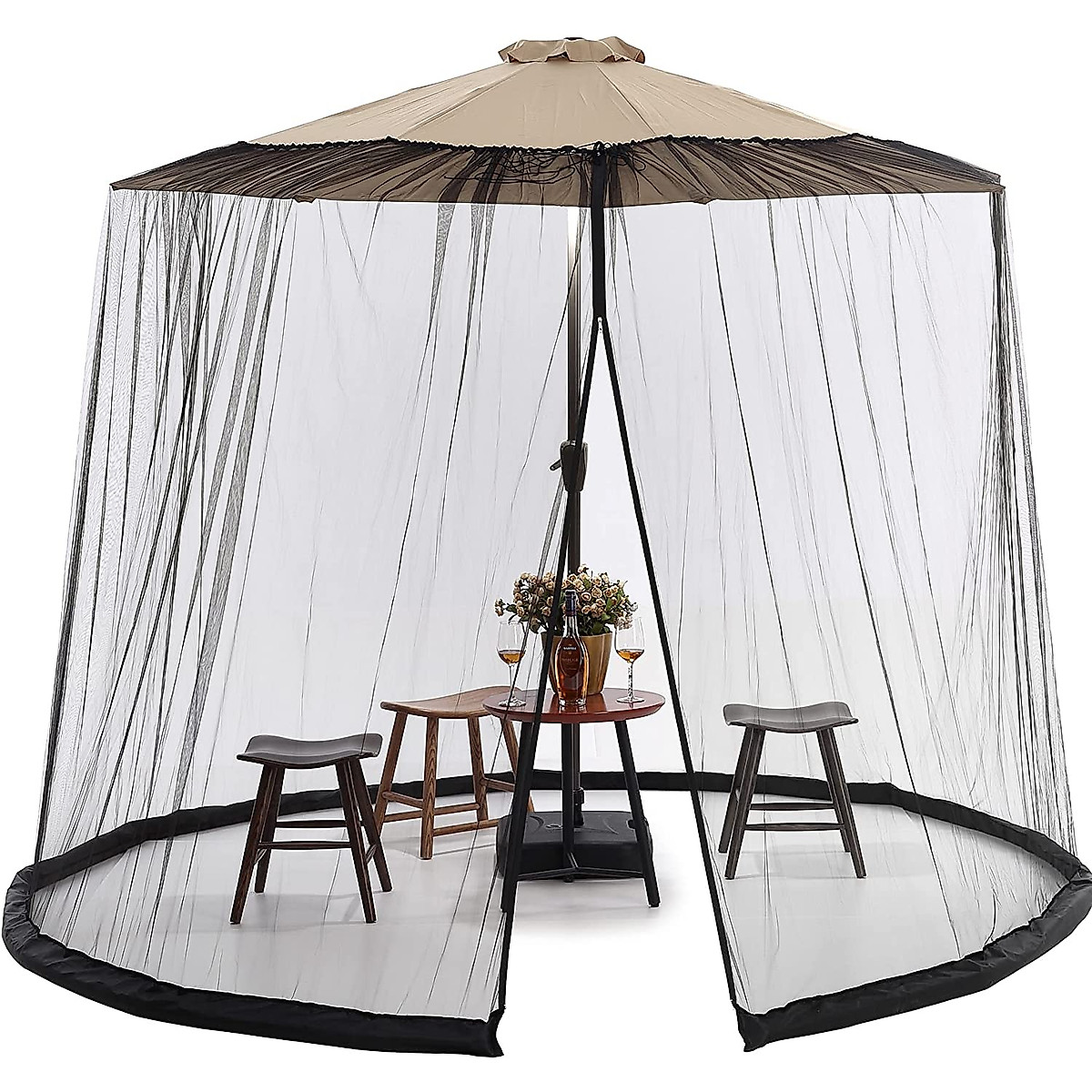 7.5-11 FT Patio Umbrella Mosquito Net, Polyester Mesh Umbrella Screen, Universal Canopy Umbrella Mosquito Netting with Zipper Door and Adjustable Rope, Fit Outdoor Umbrellas and Patio Tables