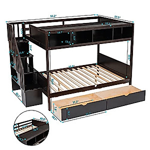 Twin Over Full Bunk Bed with Built-in Storage Shelves and 2 Drawers,Stairway Bunk Bed for Kids Bedroom, Home, Solid Wood Bunk Bed for Kids Teens Boys Girls, No Box Spring Needed