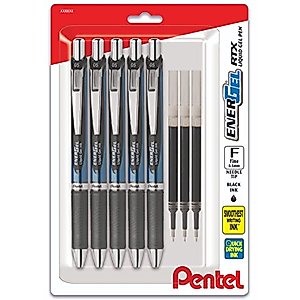 Pentel Energel Deluxe RTX 0.5 mm Needle Tip Pens - Retractable Liquid Gel Pen Set - Pack of 5 Black Pens with 3 Refills