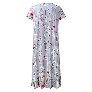 DUOWEI Womens Fashion Short Sleeve Long Casual Flower Button Round Neck Pullover Dress Skirt