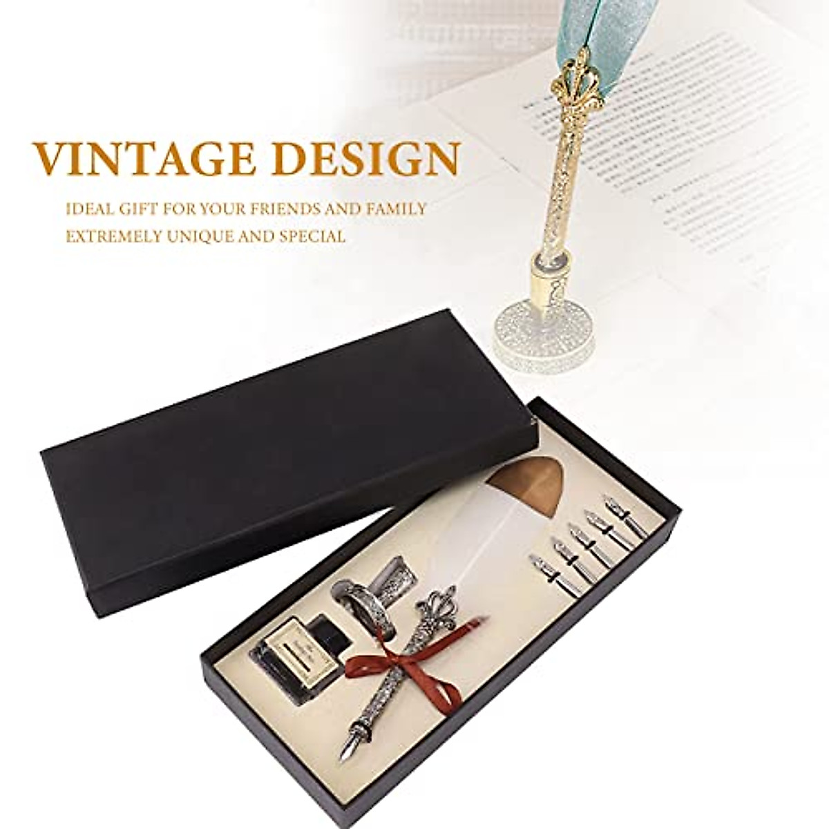 Feather Pen and Ink Set, Glittering Quill Pen Set Antique Calligraphy Dip Pen with Ink, 2 Replacement Nibs, Pen Stand Base, Luxury Vintage Signature Pen