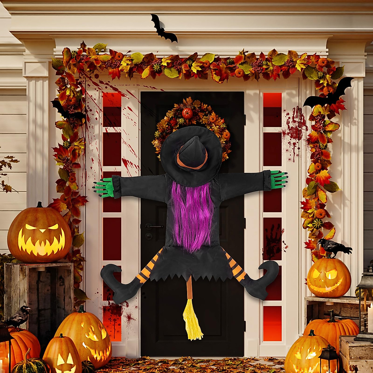 Y- STOP Nylon Crashing Witch, Halloween Decorations Outdoor Witch with Adjustable Band, Door Porch Tree Halloween Decor Props