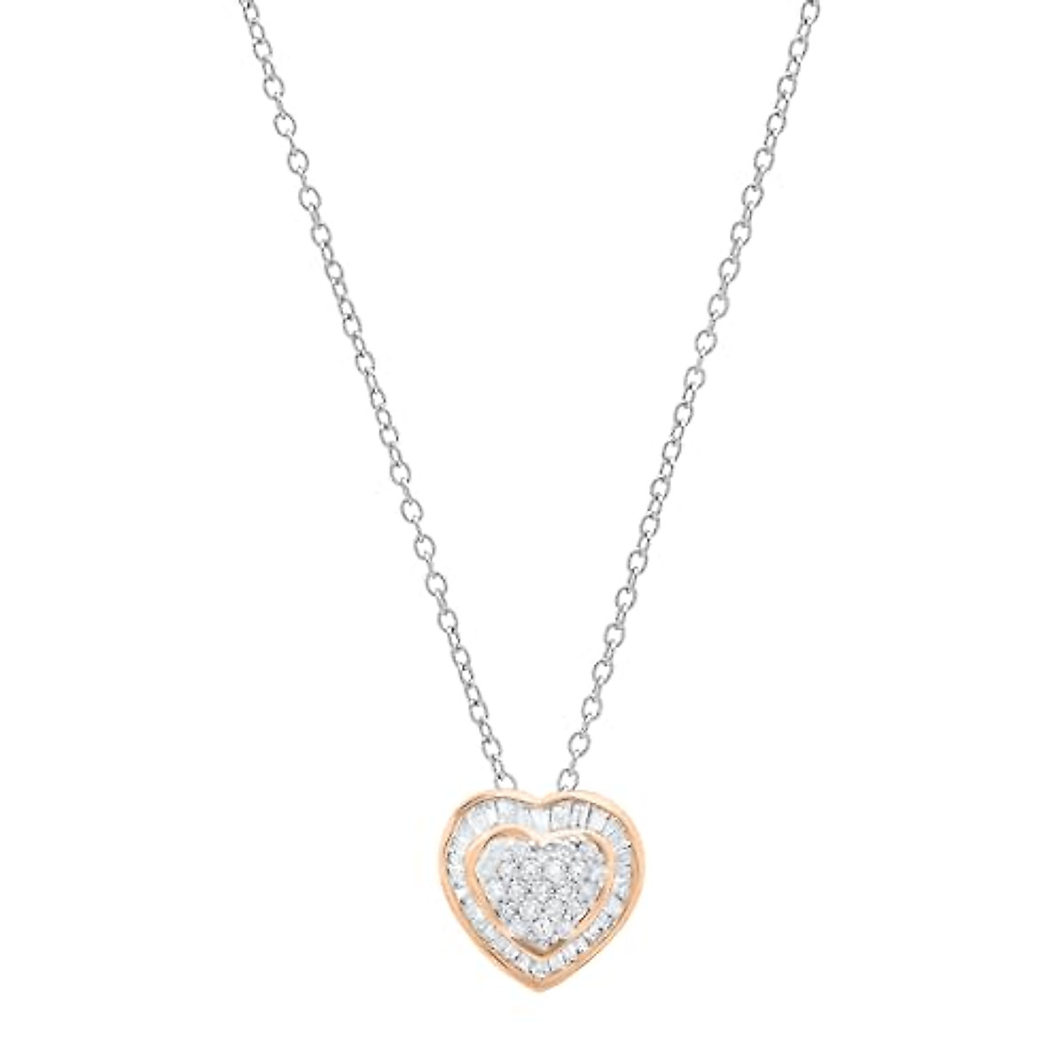 Dazzlingrock Collection 0.25 Carat (Ctw) Round & Baguette White Diamond Women Heart Shape Pendant with 18 inch Silver Chain in 14K Rose Gold