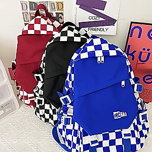 Harajuku Large Fashion Checkered Plaid Backpack Cute Pendant Pins girl boy teen Student School Bag Bookbag Satchel Laptop (Red,Large)