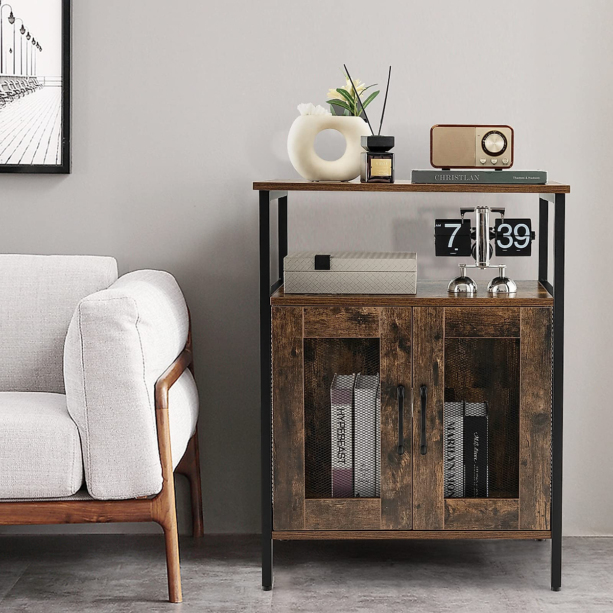 PETSITE Wine Bar Cabinet, Home Liquor Cabinet with Removable Wine Rack and Glass Holder, Coffee Bar Cabinet with Storage, Industrial Sideboard Buffet Cabinet with Mesh Doors for Kitchen