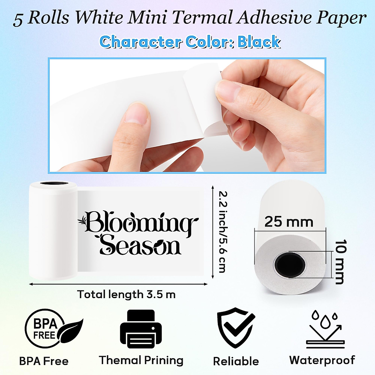 GQIRIL Thermal Printer Sticker Paper - 5 Rolls White Mini Printable Sticker Paper, Adhesive Printing Paper Rolls for Mini Portable Printer, 56 x 25 mm Thermal Print Stickers for Label Photo List Note