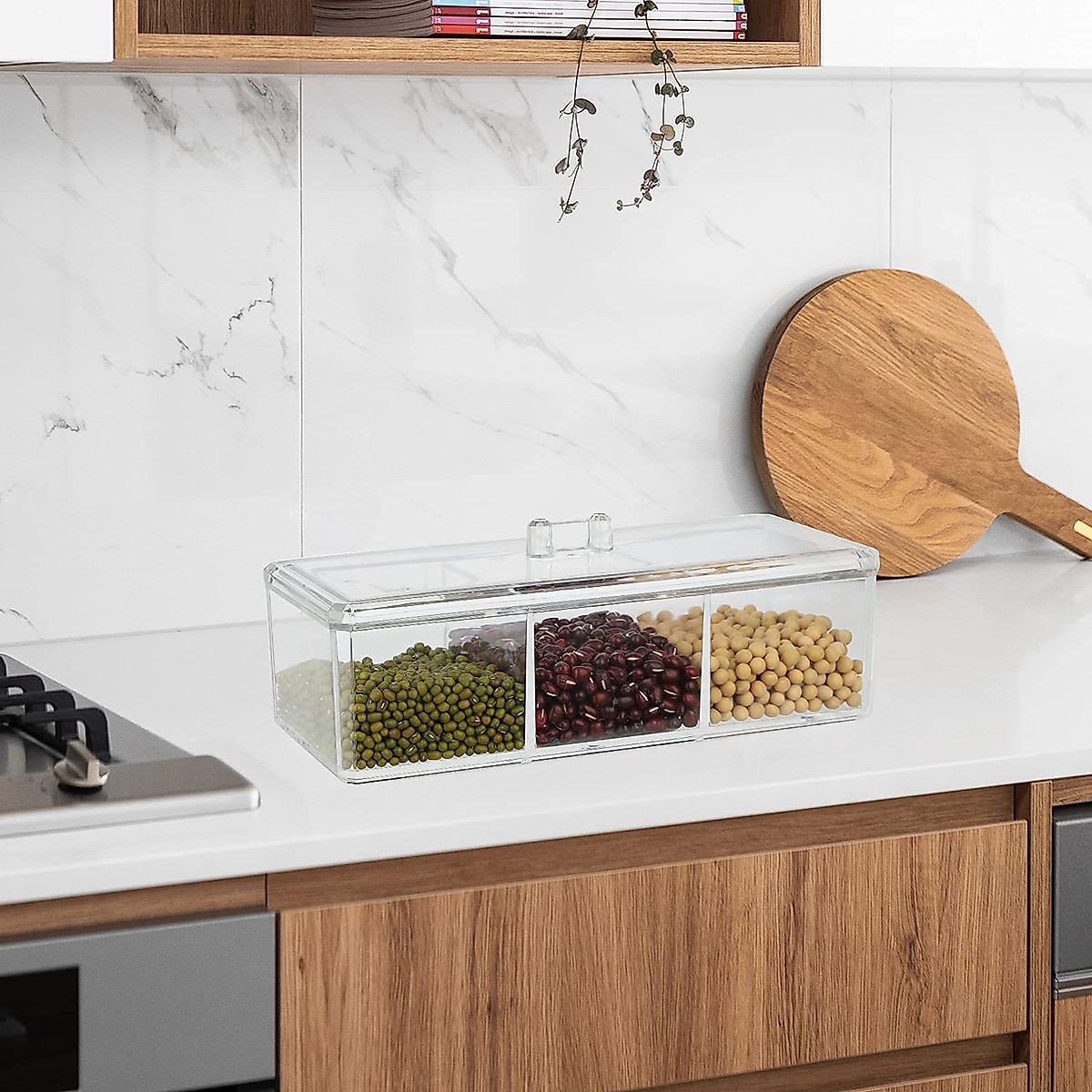 dedoot Plastic Drawer Organizer, Clear Acrylic Vanity Desk Storage and Organizer, 3 Compartment Make Up Holder with Lid Bathroom Display Storage Container for Jewelry, Small Items, 9.17x3.7X3.46 Inch