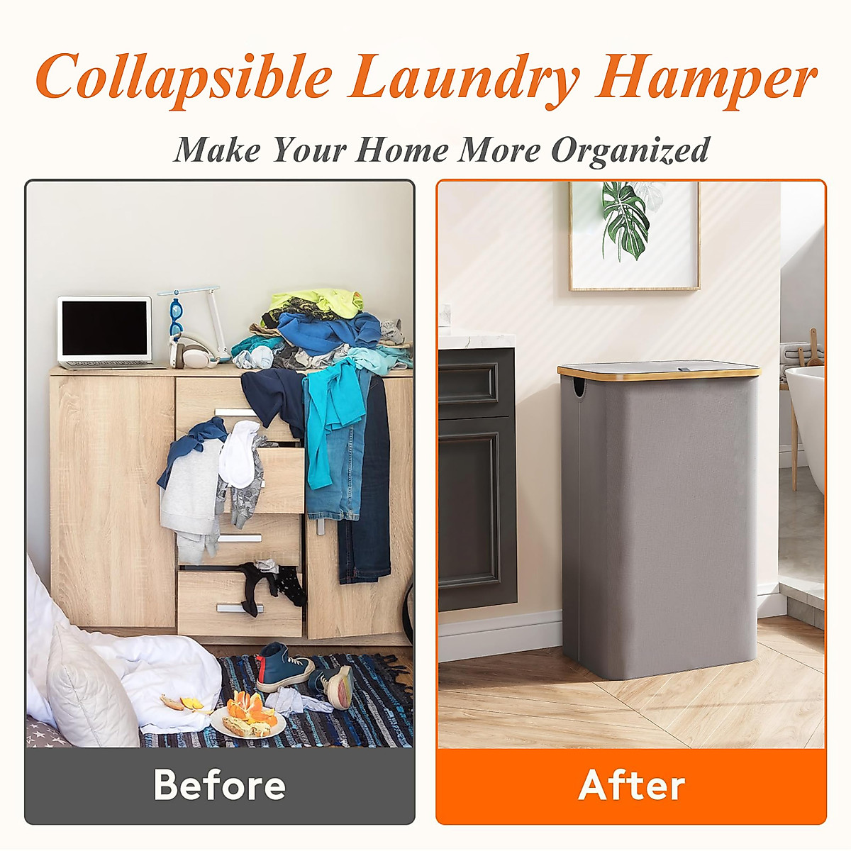 YCJYZLF Large Laundry Hamper with Lid and Bamboo Handles,Tall Collapsible Laundry Basket with Lid and Removable Laundry Bag,Foldable Clothes Hampers for Laundry,Bedroom,Dorm,Towels,Toys (100L,Grey)