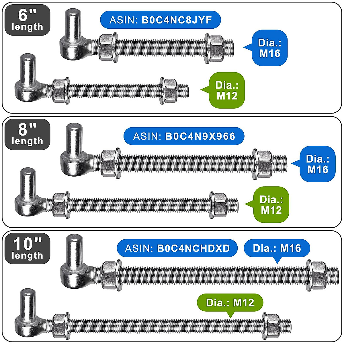 Insaga M12x 10'' J-Bolt Gate Hinge, 304 Stainless Steel Farm Gate Hinge, 4pcs J-Bolt Post Hinge with 5/8" Male Pin for Chain Link Fence Gate
