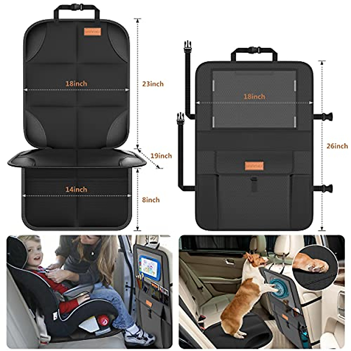 SMART ELF Car Seat Protector + Backseat Car Organizer Kick Mat, Large & Waterproof 600D Fabric Child Auto CarSeat Protectors Saver for Baby Sit with Storage Pockets for Leather and Fabric Car Seat