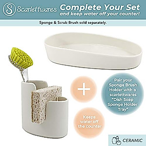 Scarlettwares Dish Sponge Scrub Brush Dish Wand Holder Kitchen Sink Caddy Ceramic White Dishwasher Safe Modern Farmhouse Elegant Sturdy No Rust
