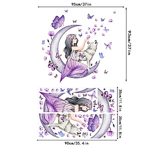 Fairy Girl Wall Sticker Purple Butterfly Flowers Wall Decals DIY Moon Wolf Wall Stickers Falling Floral Petals Wall Mural Removable Waterproof Wall Decor for Nursery Girl Bedroom
