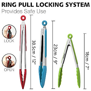 Anaeat Non-Stick Silicone Locking Tong Set of 3 - Stainless Steel 7", 9" and 12" Kitchen Food Tongs with Non-Slip Silicone Tips and Grip for Cooking, Baking and BBQ - Heat Resistant up to 480°F