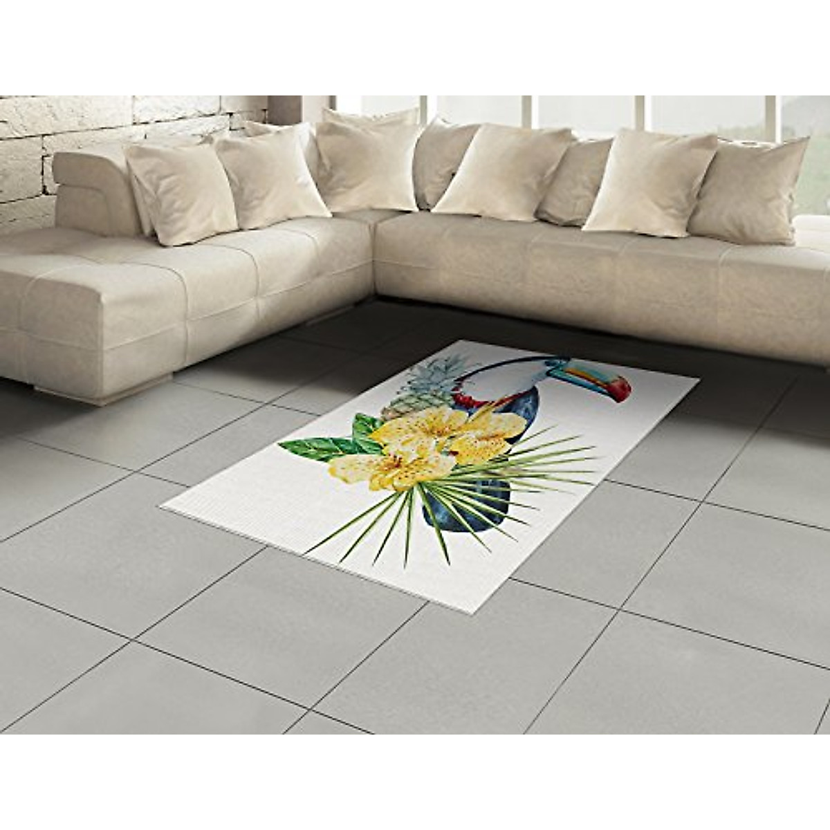 Ambesonne Tropical Animals Area Rug, Toucan Bird with Exotic Hibiscus and Orchids Flower and Palm Plants Leaf, Flat Woven Accent Rug for Living Room Bedroom Dining Room, 4' X 5' 7", Multicolor