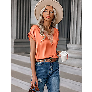 Chigant Womens Short Sleeve Satin Blouse Casual Silk Shirts V Neck Tunic Top Loose Silk Satin Top for Summer Orange
