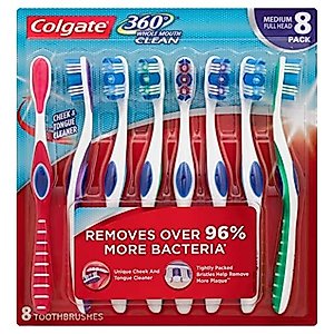 Colgate 360 Toothbrush with Tongue and Cheek Cleaner - Medium (8 Pack)