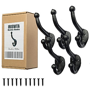 Rustic Hooks, Matte Black Cast Iron Wall Hooks (Set of 5), Modern Farmhouse Decor, Matching Screws Included - Easy to Install. Sturdy and Heavy Coat Hooks Hardware, Decorative Hooks, Farmhouse Hooks