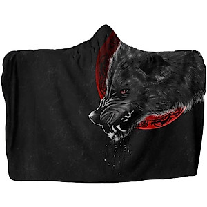 BURNAR Viking 3D Printing Hooded Blanket Warm Soft Fenrir Wolf Compass Rune Unisex Winter Wearable Hooded Blanket Double Thick Plush Fleece Blanket Cape (Color : Blanket, Size : 50x60in/130x150cm)